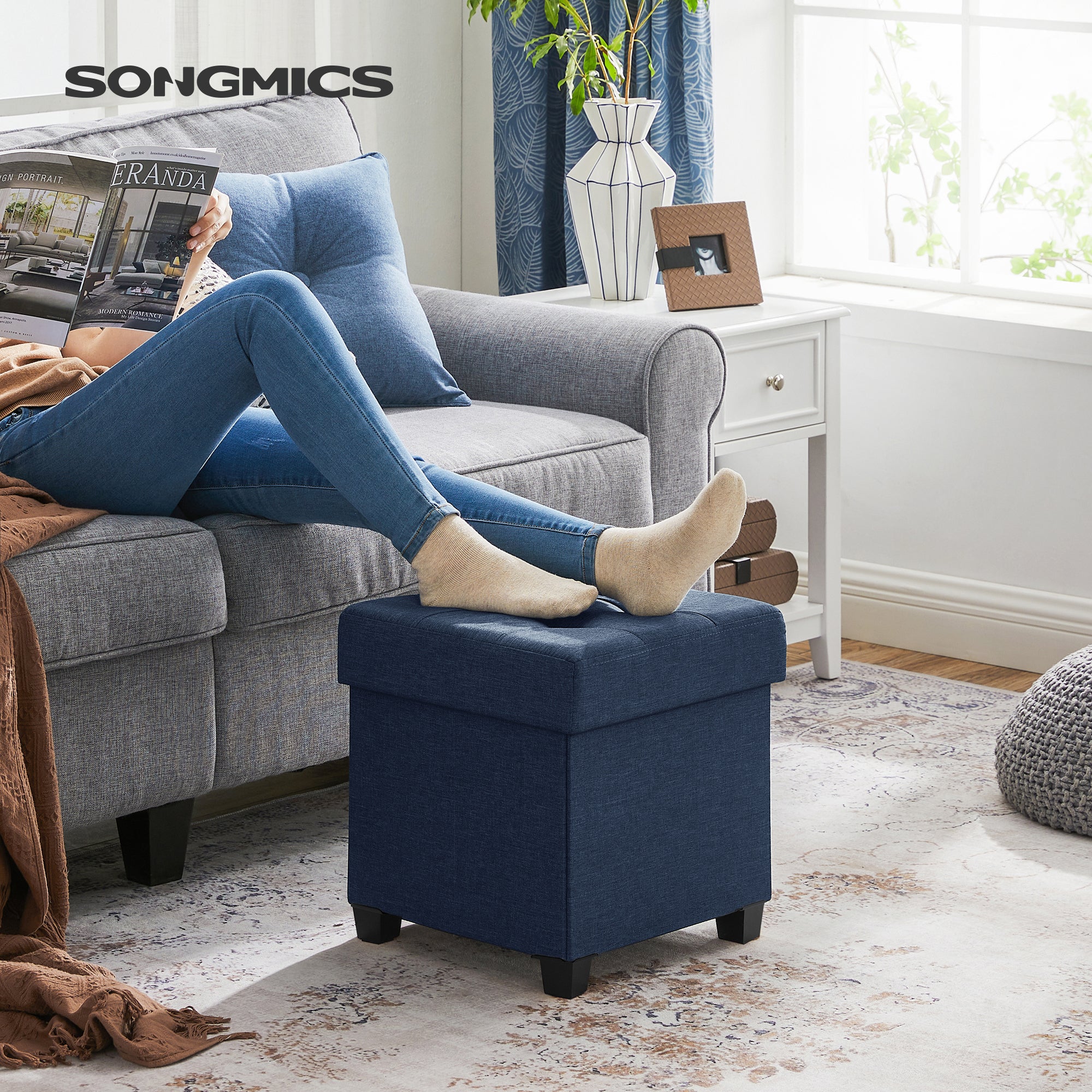 SONGMICS Storage Ottoman, 15" Padded Folding Bench, Chest with Lid, Na ...
