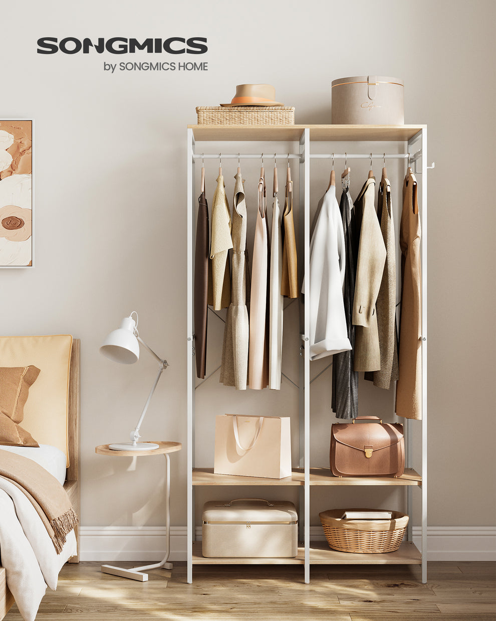 SONGMICS Clothes Rack Iron and Wood Wardrobe Closet Organizer Heavy Du ...