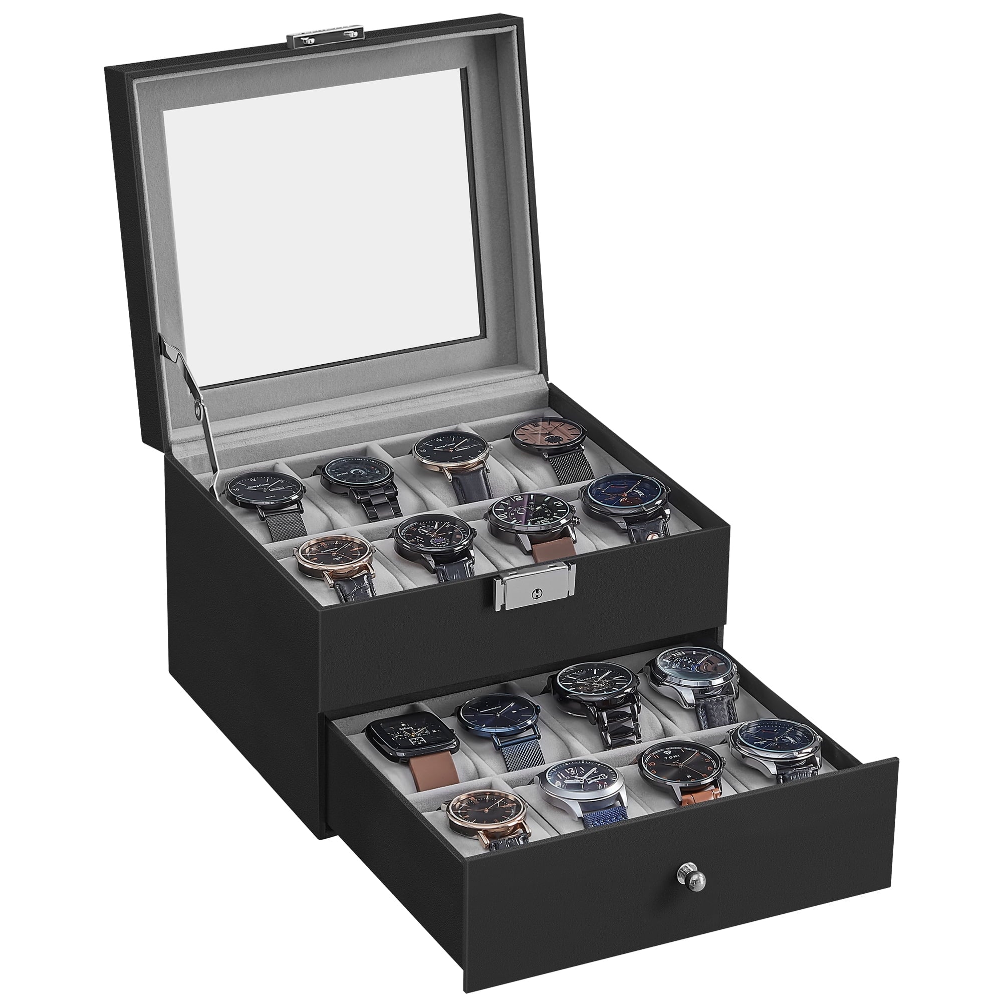 SONGMICS 16-Slot Watch Box, Leather Watch Case with Glass Lid, 2 Layer ...