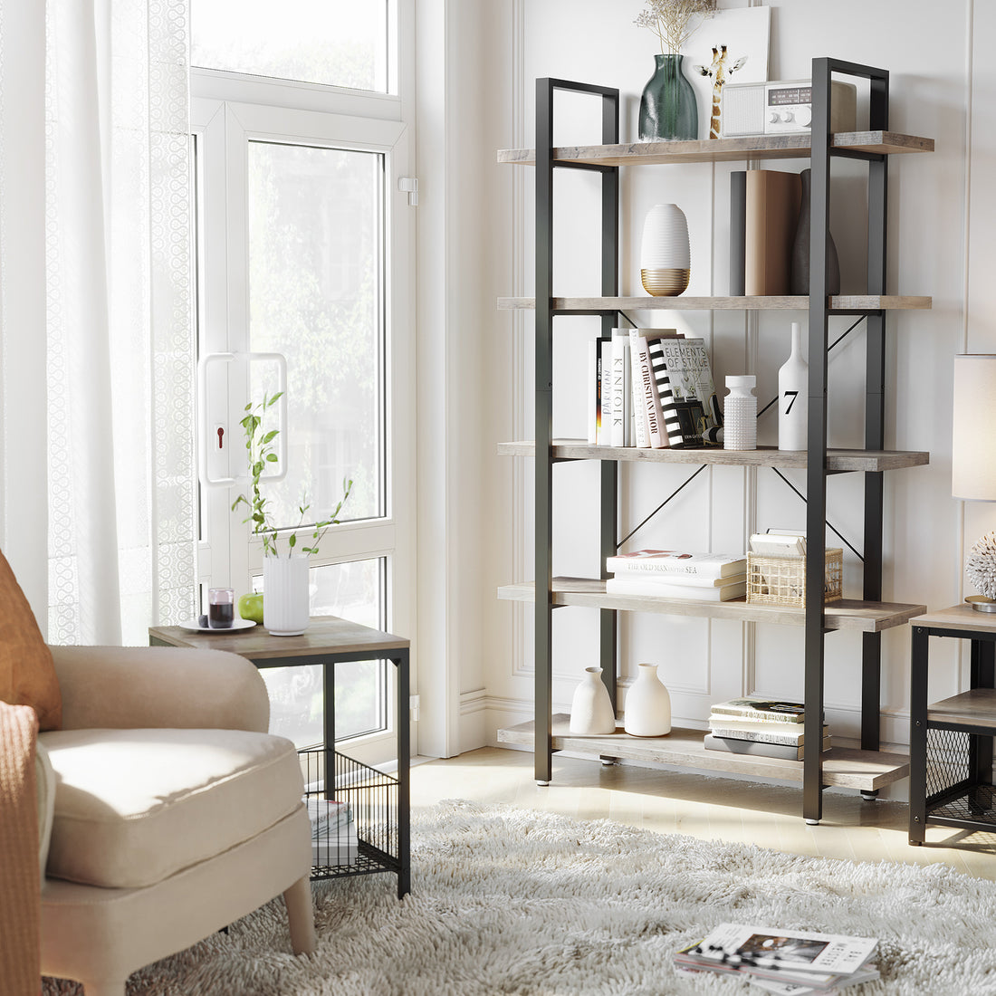 VASAGLE Industrial Bookshelf, 5-Tier Bookcase, Ladder Shelf, Greige an ...
