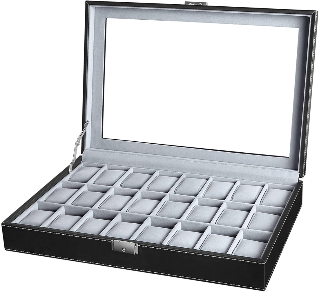 SONGMICS 24 Watch Box Large Watch Case Glass Top Black Display ...